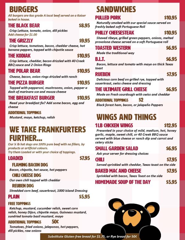 Bear Cub’s Diner Menu | Bear Tracks Inn and Restaurant