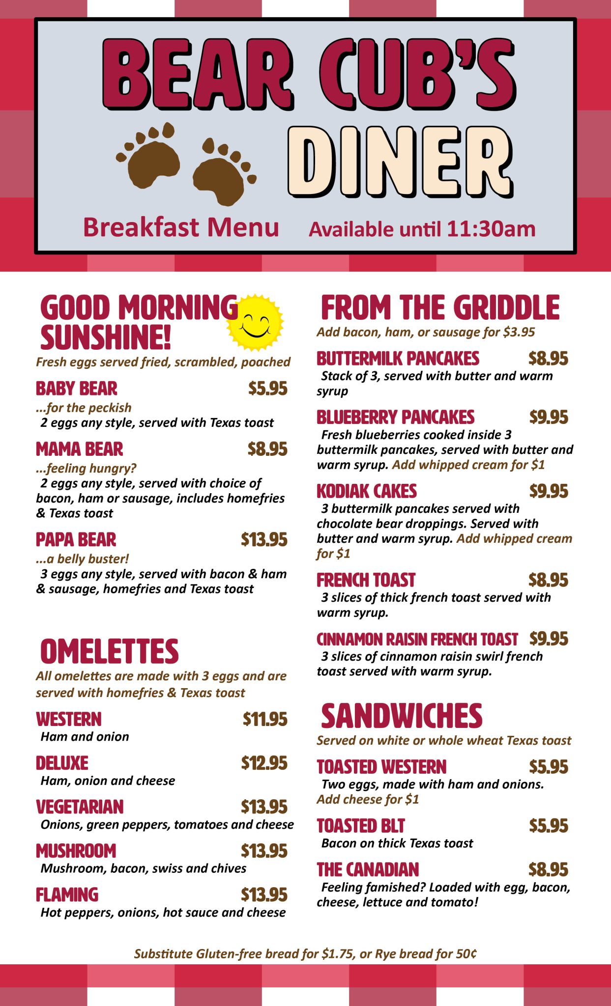 Bear Cub’s Diner Menu | Bear Tracks Inn and Restaurant