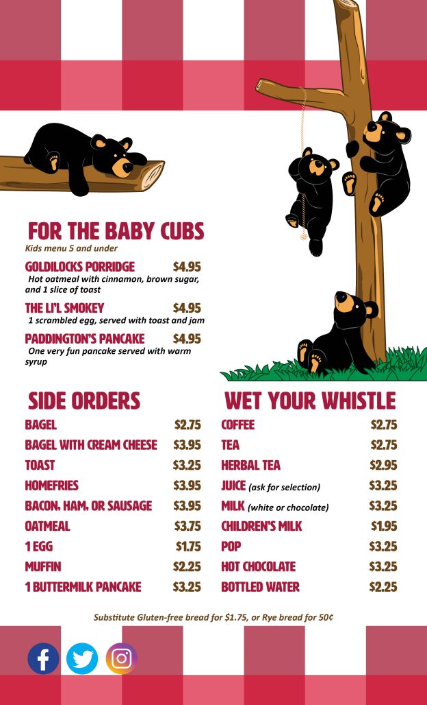 Bear Cub’s Diner Menu | Bear Tracks Inn and Restaurant
